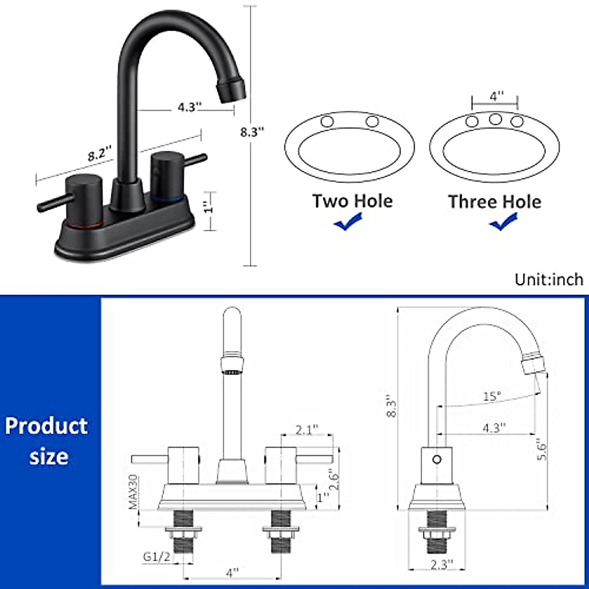 BONADE Black Bathroom Faucets, 2 Handle Bathroom Sink Faucet, 4 Inch Bathroom Sink Faucet 2 or 3 Hole, with Valve and Pop-Up Drain Assembly, Matte Black