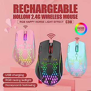 VEGCOO Wireless Gaming Mouse, C30 Silent Click Wireless Rechargeable Gaming Mouse with Double-Click Key and Colorful LED Lights, 3 Level Adjustable DPI for Gaming and Working (Pink)