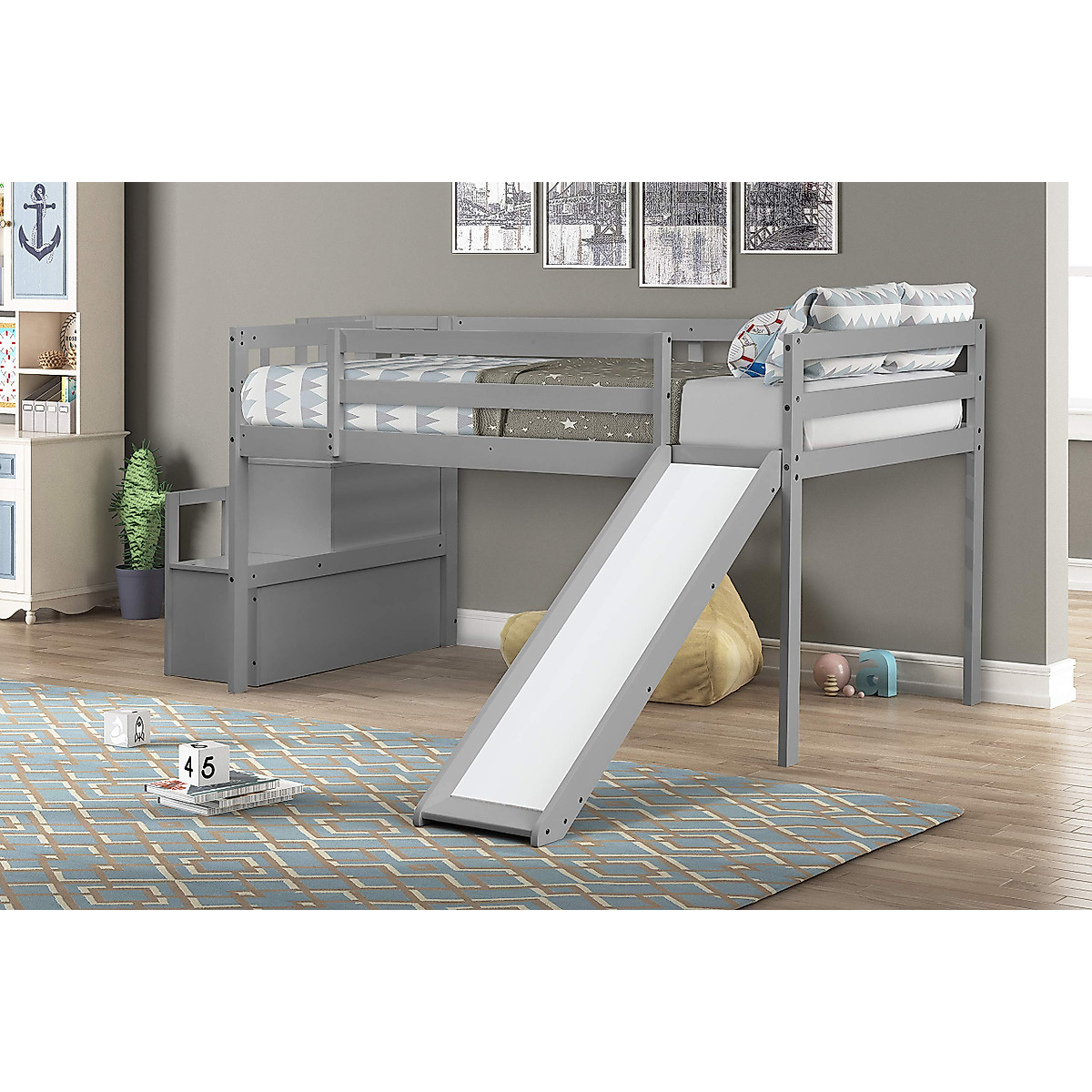 Harper & Bright Designs Twin Loft Bed with Slide and Stairs, Solid Wood Kids Loft Bed with Full-Length Safety Guardrails, for Girls Boys – Gray
