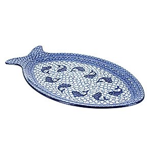 Blue Rose Polish Pottery Mosaic Beach Large Fish Platter