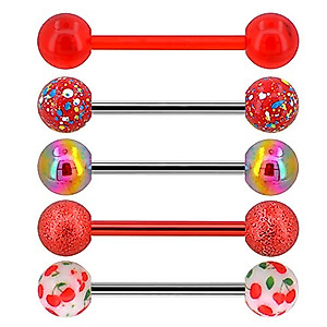 Jewseen Tongue Barbell 5PCS 14G 316L Stainless Steel Tongue Rings Cherry Painting Pattern Red Splatter Acrylic Balls Tongue Bars Piercing for Women