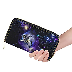 Poceacles Galaxy Space Wolf Print Women's Wallet,Durable Long Leather Coin Money Purse,Waterproof Card Holder Pouch Zip Around