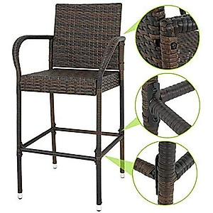 Oteymart Set of 2 Outdoor Wicker Rattan Bar Stool with Armrest Footrest Outdoor Patio Furniture Barstool Chairs All Weather UV Resistant Club Chair Patio Dining Chairs, Brown