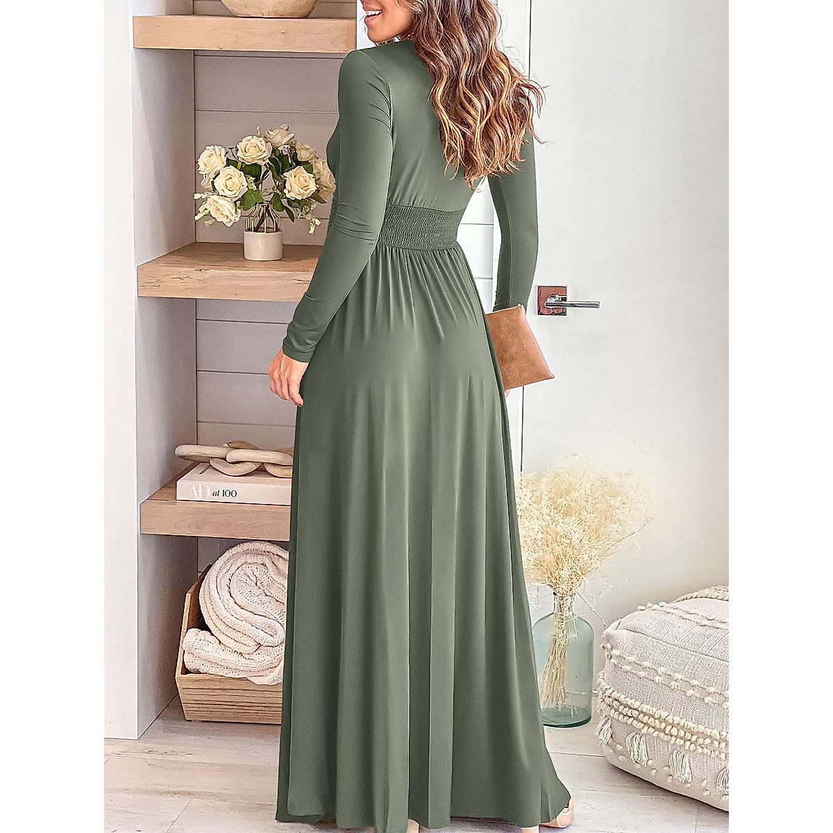 ANRABESS Women Deep V Neck Long Sleeve Slit 2024 Fall Elegant Formal Wedding Guest Cocktail Evening Date Prom Maxi Long Dress Green Medium