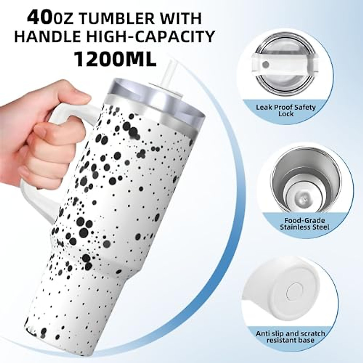 HULIBIN Black And White Dot Print Double Deck Stainless Steel Travel Coffee Cup With Lid 40 Oz Ice Bully Cup