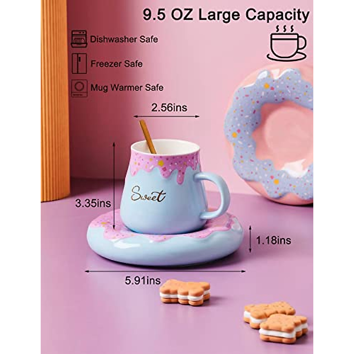 SISETOP Novelty Espresso Cups and Saucers, Ceramic Donut Mug, 9.5oz Creative Cute Cups, Unique Coffee Mug with Spoon for Gift, Kids, Adults, Birthday