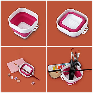 ULTNICE Paint Brush Washer Folding Painting Water Cup Portable Collapsible Painting Washing Bucket Basin Silicone Foldable for Watercolor Acrylic Oil Painting Red