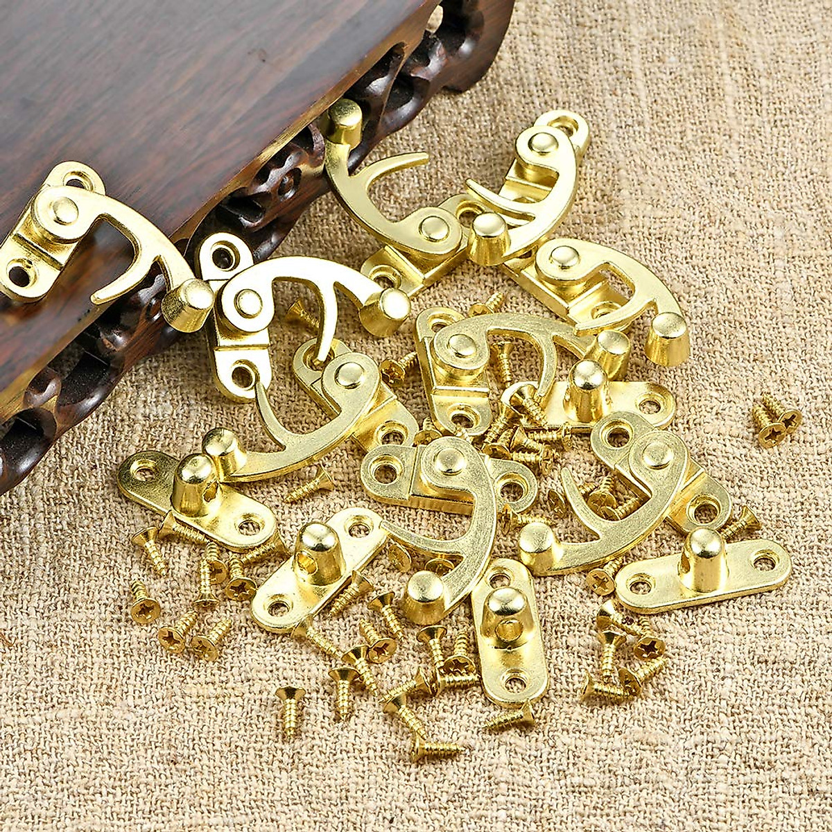PGMJ 20 Pieces Jewelry Box Hardware Thickened Solid Antique Right Latch Hook Hasp Horn Lock Wood Jewelry Box Latch Hook Clasp and 80 Replacement Screws (Gold)