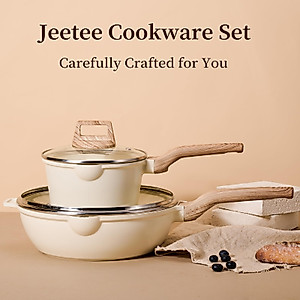 JEETEE Pots and Pans Set Non Stick, White Granite Kitchen Cookware Set, 14 Pcs Induction Cooking Set w/Frying Pans & Saucepans(PFAS/PTFE/PFOS/PFOA Free)