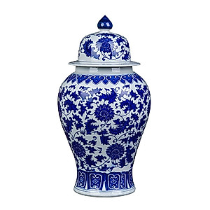 Chinese Blue &White Ginger Jar with Lid, Handmade Decorative Ceramic Temple Jar with Pattern, Storage Jar for Home Decoration Countertop Ornaments