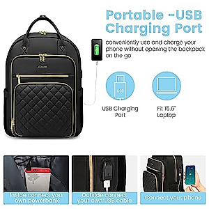 LOVEVOOK Laptop Backpack for Women, Large Capacity Travel Work Backpacks Purse, Stylish Quilted Water Resistant Nurse Teacher Computer Bag with USB Port, Fits 15.6 Inch Laptop