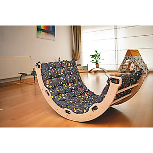 Montessori Wooden Climbing Frames | Indoor Wood Montessori Climbing Set with Ramp & Cushion| Montessori Rocker for Kids with Pillow | Montessori Playground Climbing Set with Rockwall Ramp (Space)