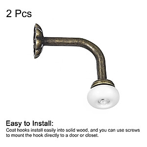 uxcell Wall Hooks, 2Pcs - Zinc Alloy Single Prong Ceramic Handle Clothes Hook, Bronze Hooks for Hanging Towel Coat Backpack Scarf Keys Hat (White,75x65mm)