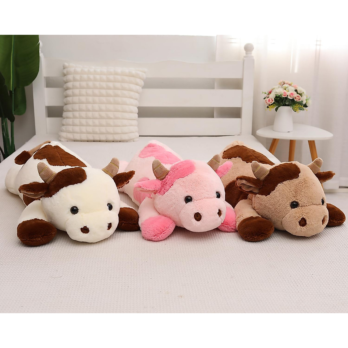 YESGIRL 25.6 inch 5 lbs Cow Weighted Stuffed Animals, Large Weighted Plush Animal, Cute Plush Toy Pillow, Soft Kawaii Plushie Gifts for Adults, Kids, Boys and Girls(Off-White)