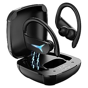 USBERG Bluetooth Headphones for Sports with Mic, IPX5 Waterproof Wireless Earbuds with Charging Box,Digital Display, 40Hrs Playtime Workout Headset with Hooks.