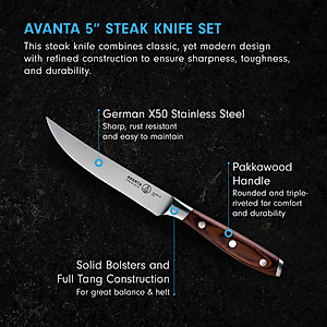 Messermeister Avanta 5” Fine Edge Steak Knife Set - Pack of 2 - German X50 Stainless Steel - Rust Resistant & Easy to Maintain - 8 Steak Knives Total