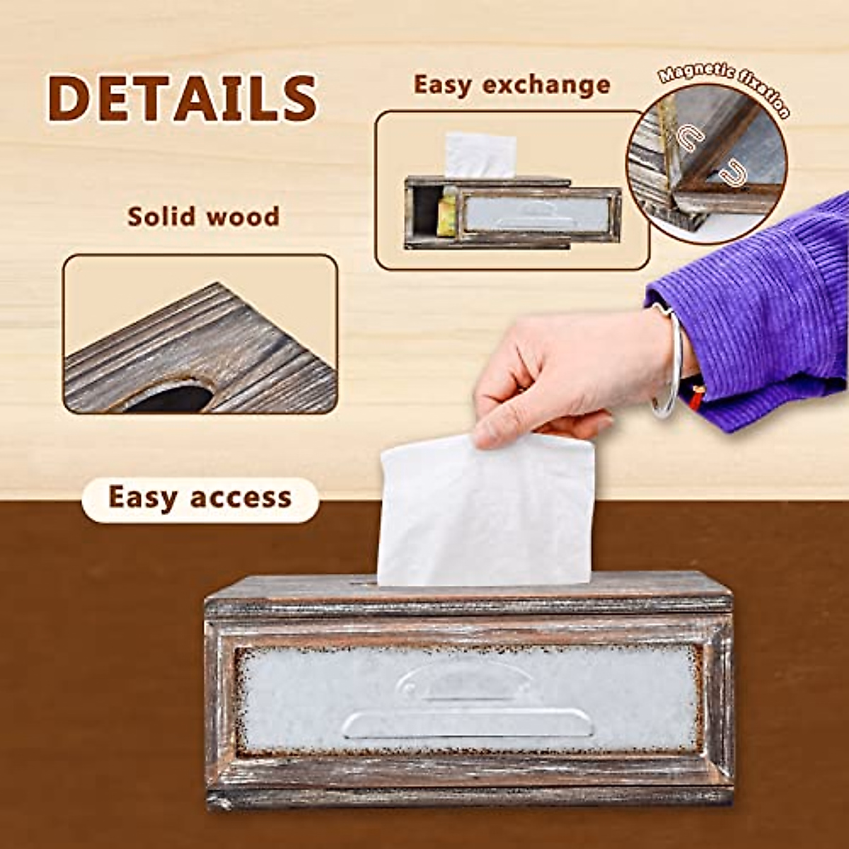 Rectangular Tissue Box Cover Rustic Wooden Tissue Box Cover Farmhouse Facial Tissue Box Holder Distressed Wood Tissues Napkin Box with Magnet Design for Bathroom Bedroom Dinner Table Office Home Decor