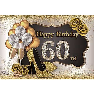 DORCEV 10x8ft Photography Backdrop for Woman Happy 60th Birthday Party Decor Luxury Gold Black Backdrop Banner Glitters Heels Roses Balloons Photo Background Mother Grandma Birthday Party Props