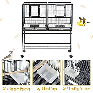 PawHut Divided Breeder Bird Cage with Rolling Stand Removable Metal Tray, Storage Shelf, Wood Perch, and Food Container