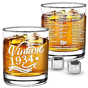 Old Fashioned Glasses-1934-Vintage 1934 Old Time Information 10.25oz Whiskey Rocks Glass -90th Birthday Aged to Perfection - 90 Years Old Gifts Bourbon Scotch Lowball Old Fashioned-1 PACK
