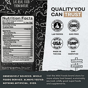 Wild Foods Organic Vanilla Bean Powder - All Natural Pure Vanilla from Madagascar - For Baking Cooking Coffee Flavoring & Smoothies - Unsweetened Gluten Free Non GMO Superfood (1 ounce)