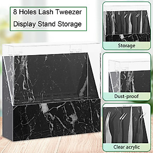 LXIANGN 8 Holes Dust-proof Eyelash Tweezers Holder Case Acrylic Marble Tweezer Stand Display Organizer with Cover for Lash Extensions (black)