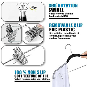 GVTECH Velvet Hangers with Clips, [24 Pack] Metal Clip Hangers for Pants - Notched Velvet Skirt Hangers for Pants, Skirts, Suit, Dresses & Shirts 360° Swivel Hook - Non Slip Felt Hangers (Black)