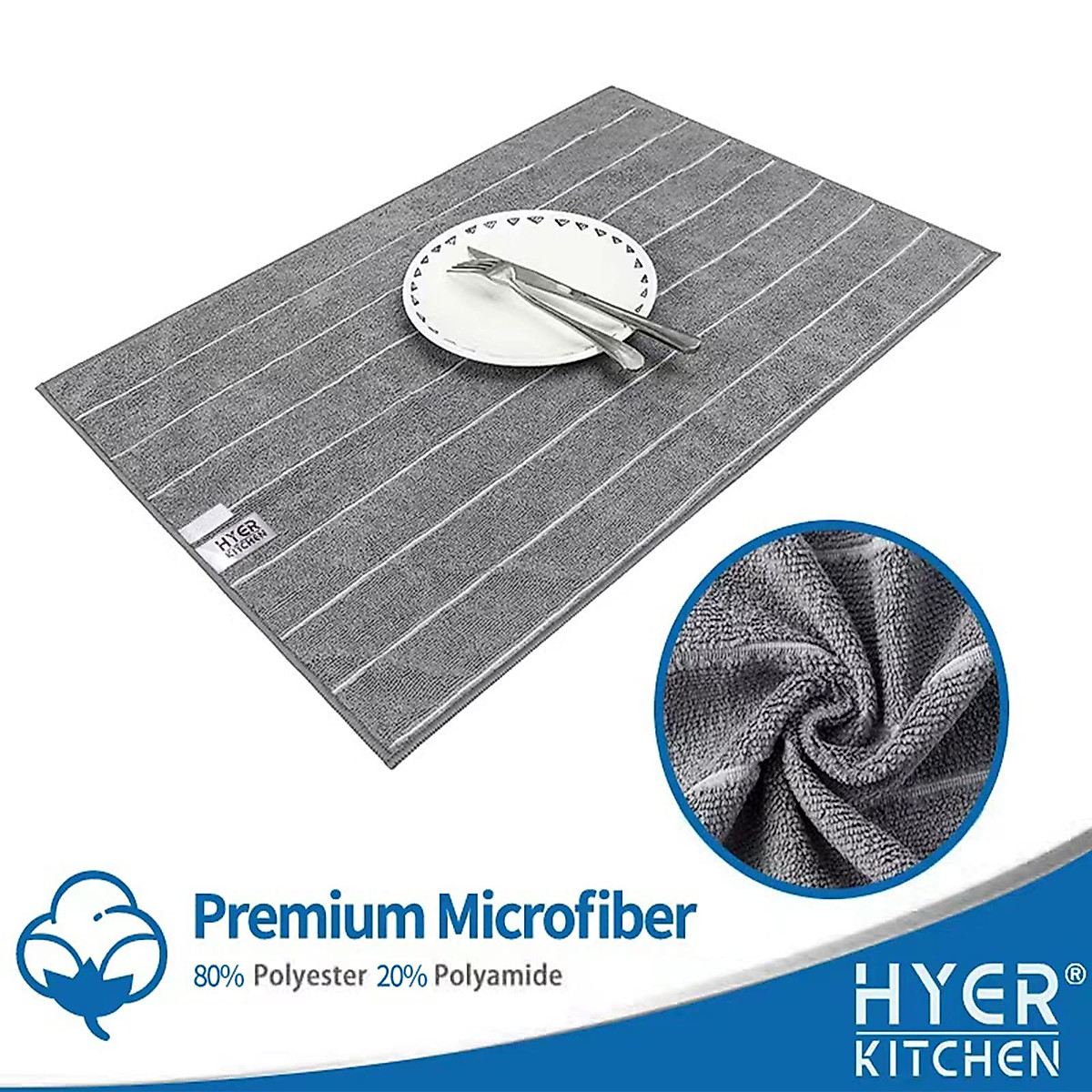 HYER KITCHEN Microfiber Kitchen Towels - Super Absorbent, Soft and Thick Dish Towels, 8 Pack (Stripe Designed Grey Colors), 26 x 18 Inch