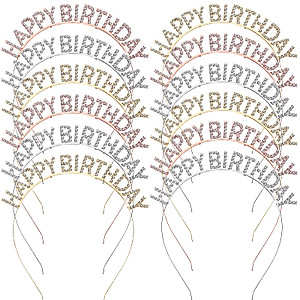 Lyrow 12 Pcs Birthday Headbands Birthday Crowns for Women Happy Birthday Tiara Princess Birthday Party Decorations Rhinestone Bling Birthday Accessories for Party Supplies Gift