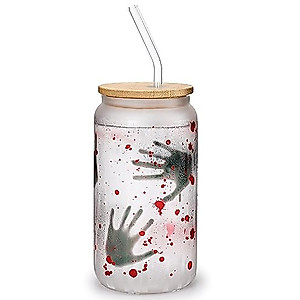 Nefelibata Halloween Horror Beer Can Glass 16 OZ Iced Coffee Cup with Lid Straw and Brush, Reusable Drinking Jar for Coffee Tea Juice Soda Halloween Party Decor Fall Christmas Gift Ideas Set of 1