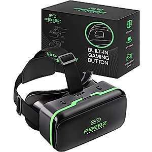 VR Headset Compatible with iPhone & Android 4.5"-6.5" + Built-in Action Button for 3D VR Videos | Universal 3D Glasses Virtual Reality Goggles Set - for Kids & Adults - Green