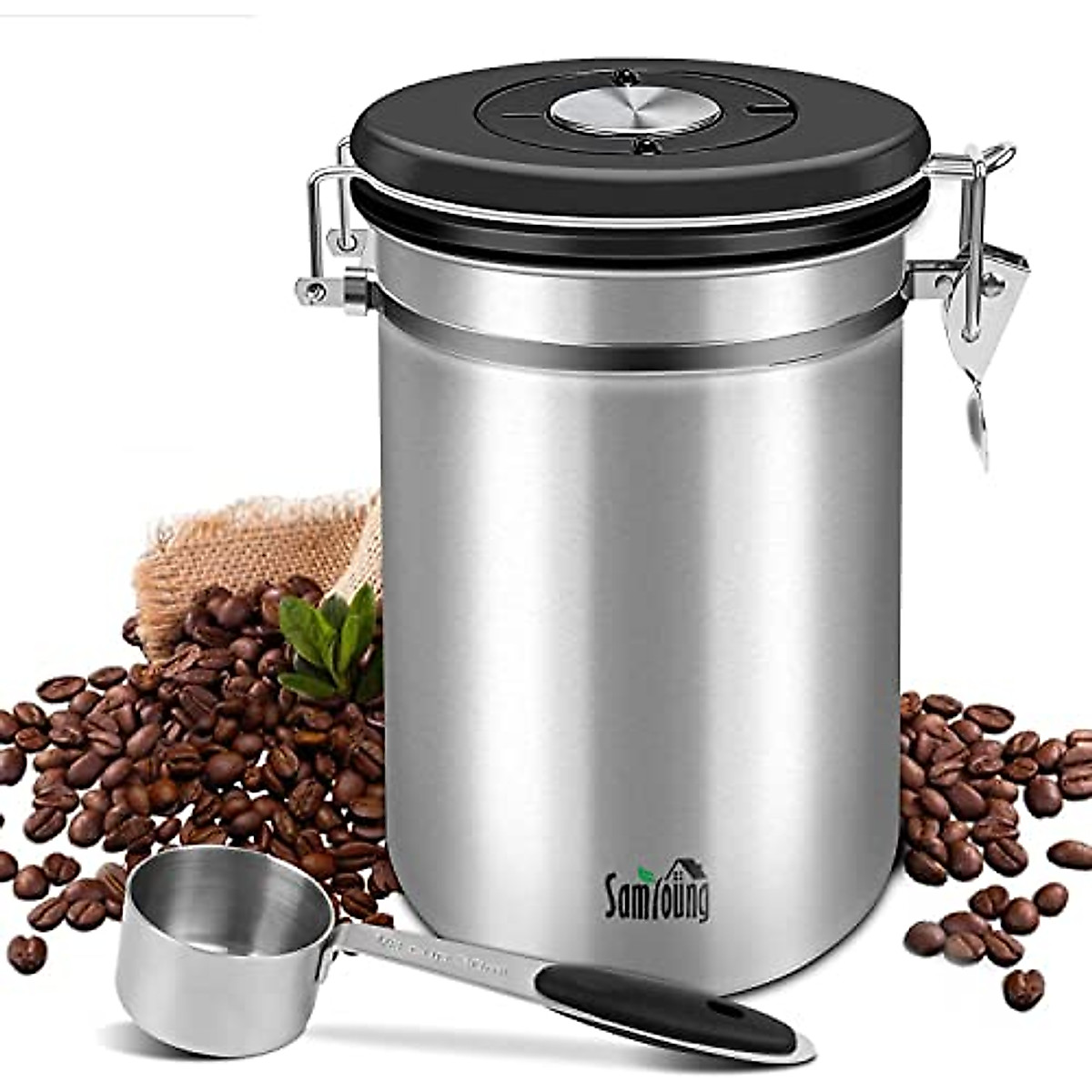 Samyoung Coffee Canister Airtight, Stainless Steel Container for 635g/22.8oz Coffee Beans,Large 1800 ml Tea & Coffee Storage Jars with co2 Valve, 30ml Measure Spoon and 70 ml Mini Travel Jar