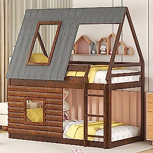 Tensun House Bunk Bed for Kids, Low Bunk Bed Twin Over Twin, Wood Floor Bunk Beds with Roof,2 Windows and Ladder for Girls Boys, Oak & Smoky