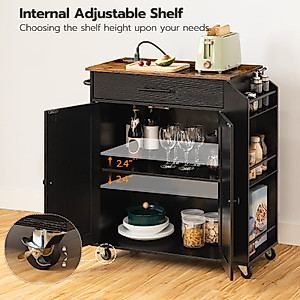 HOOBRO Kitchen Island with Power Outlet, Kitchen Storage Island with Spice Rack and Drawer, Rolling Kitchen Cart on Wheels, for Home, Kitchen and Dining Room, Rustic Brown and Black