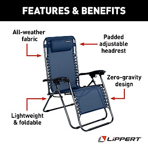 Lippert Stargazer XL Zero-Gravity Chair - Navy — Breathable Mesh Fabric Reclining Chair — Weightless Comfort — Adjustable Headrest — Foldable and Portable Steel Frame — 300 lb. Capacity — 2021000226