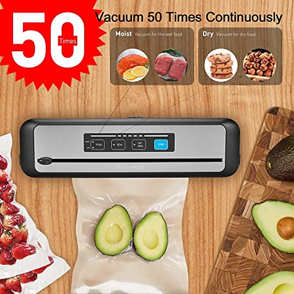 Inkbird Vacuum Sealer Machine with Starter Kit, Automatic PowerVac Air Sealing Machine for Food Preservation, Dry & Moist Sealing Modes,Built-in Cutter,Easy Cleaning Storage with Sealer Bag*5 (8"*11.8")and Bag Roll*1 (8"*79"), INK-VS01