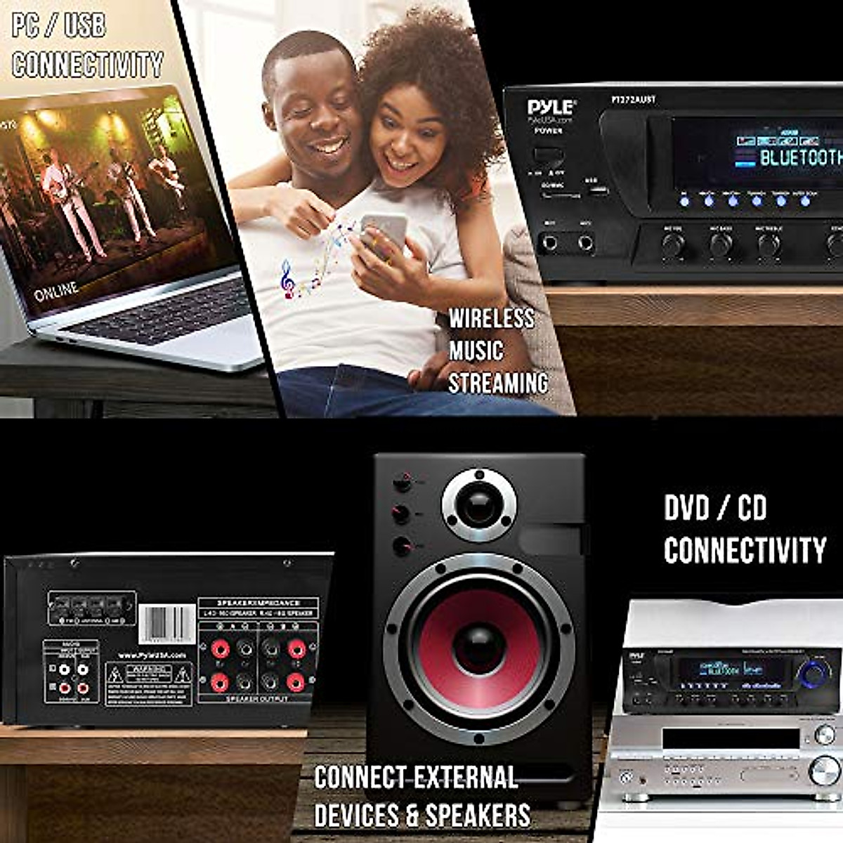 Pyle PT272AUBT - Wireless Bluetooth Audio Power Amplifier - 300W 4 Channel Home Theater Stereo Receiver with USB, AM FM, 2 Mic IN with Echo, RCA, LED, Speaker Selector - For Studio, Home Use, black