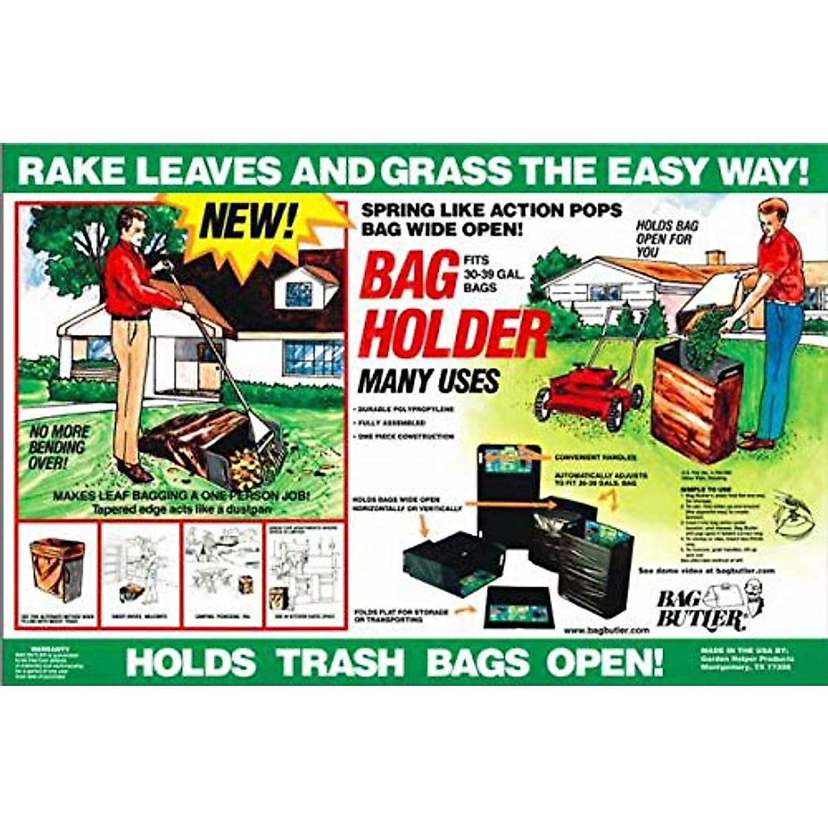 Bag Butler® Lawn and Leaf Trash Bag Holder Holds 30-42 Gallon Bags Open For Easy Filling. No Assembly Required. Made in U.S.A.