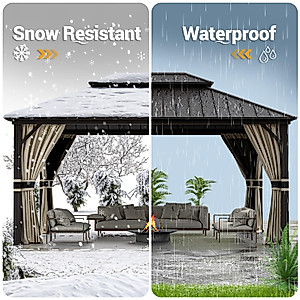 UDPATIO 12' x 16' Hardtop Gazebo, Outdoor Aluminum Gazebo with Galvanized Steel Double Roof, Permanent Metal Canopy with Curtains and Netting for Patio, Garden, Lawn, Backyard, Deck, Beige