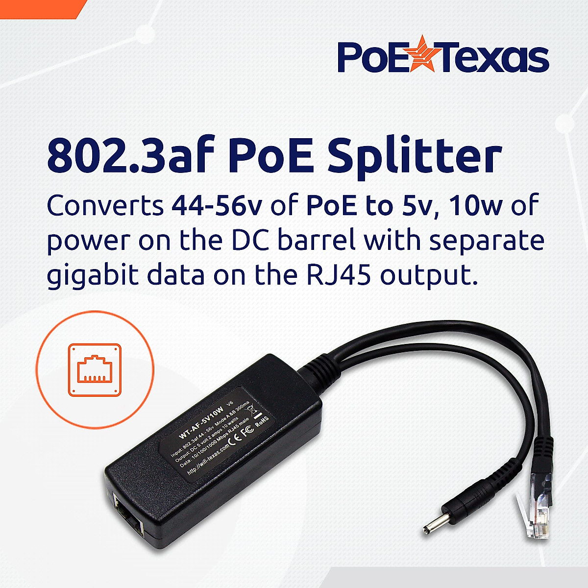 PoE Texas 802.3af Power Over Ethernet PoE Splitter with 5 Volts 10 Watts Output - for 5V Non-PoE Security Camera and Devices Like Foscam, Sonoff, Tablet, USB, Dropcam, Raspberry Pi and Others
