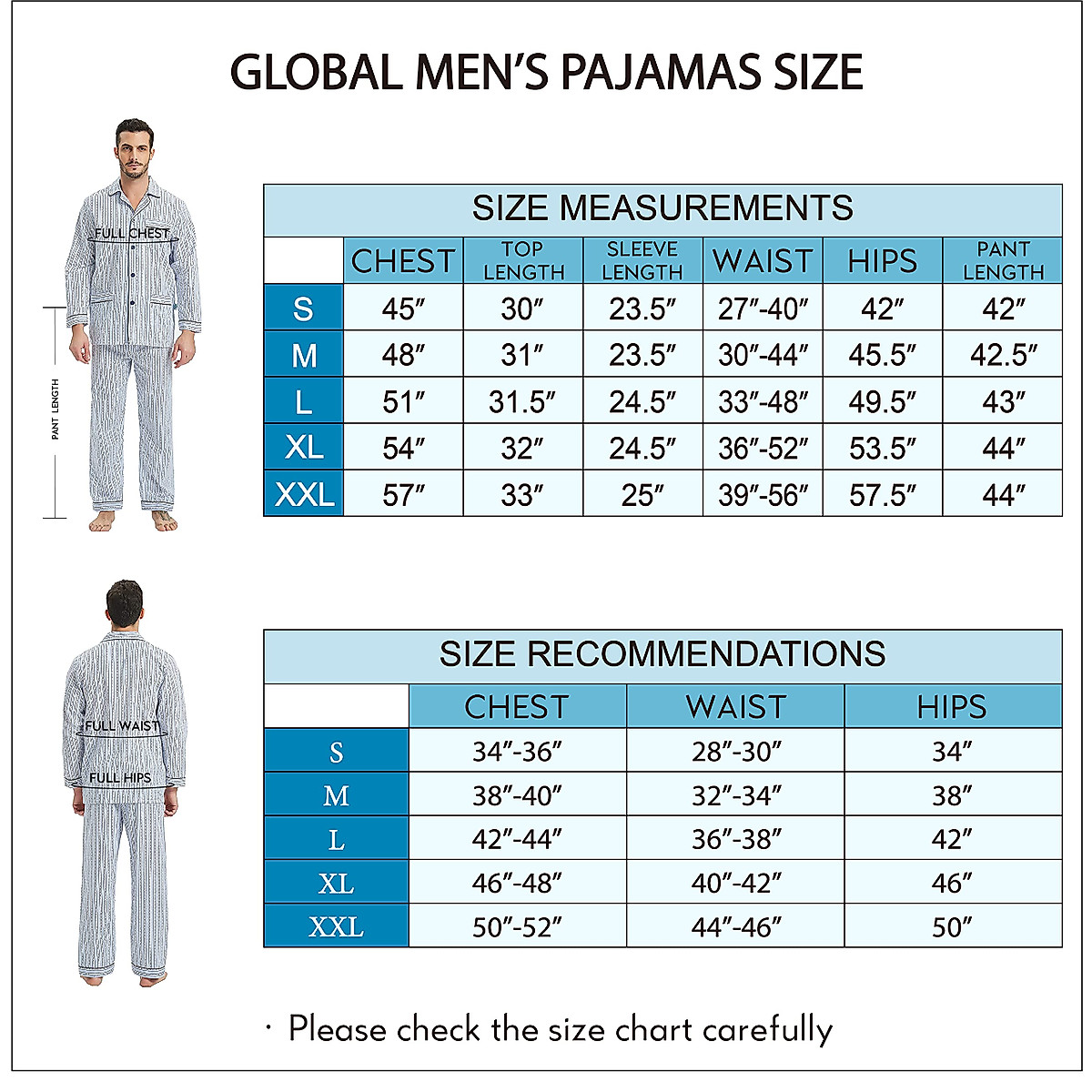 GLOBAL Mens Pajamas Set, 100% Cotton Woven Drawstring Sleepwear Set with Top and Pants/Bottoms