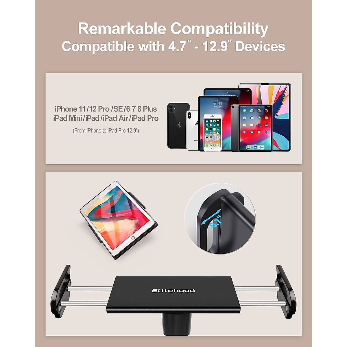 elitehood iPad Stand & Boom Mic Stand, Height Adjustable iPad Microphone Holder Stand, Tablet Microphone Tripod Stand for Singing, Compatible with iPad Pro Air Mini and 4-12.9’’ Phones & Tablets