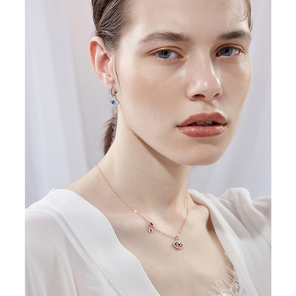 PAENENPH 14K Gold Moissanite Evil Eye Necklace, Sapphire Necklace for Women, Evil Eye Pendant, Gift for Her (Rose, 14K)