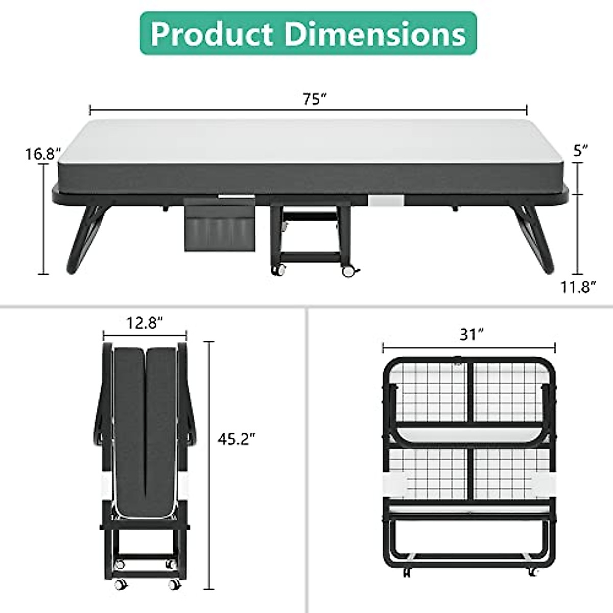CAIYUN Folding Bed with Mattress, Portable Bed Foldable Bed with Memory Foam Mattress and Fabric Storage Bag, Rollaway Beds with Fold-up Metal Frame for Study, Bedroom, Living Room, 75" x 31"