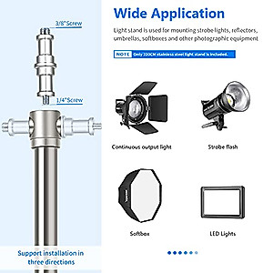 NEEWER 79"/2m Stainless Steel Light Stand, Spring Cushioned Heavy Duty Photography Tripod Stand with 1/4” to 3/8” Universal Screw Adapter for Strobe, LED Video Light, Ring Light, Monolight, Softbox