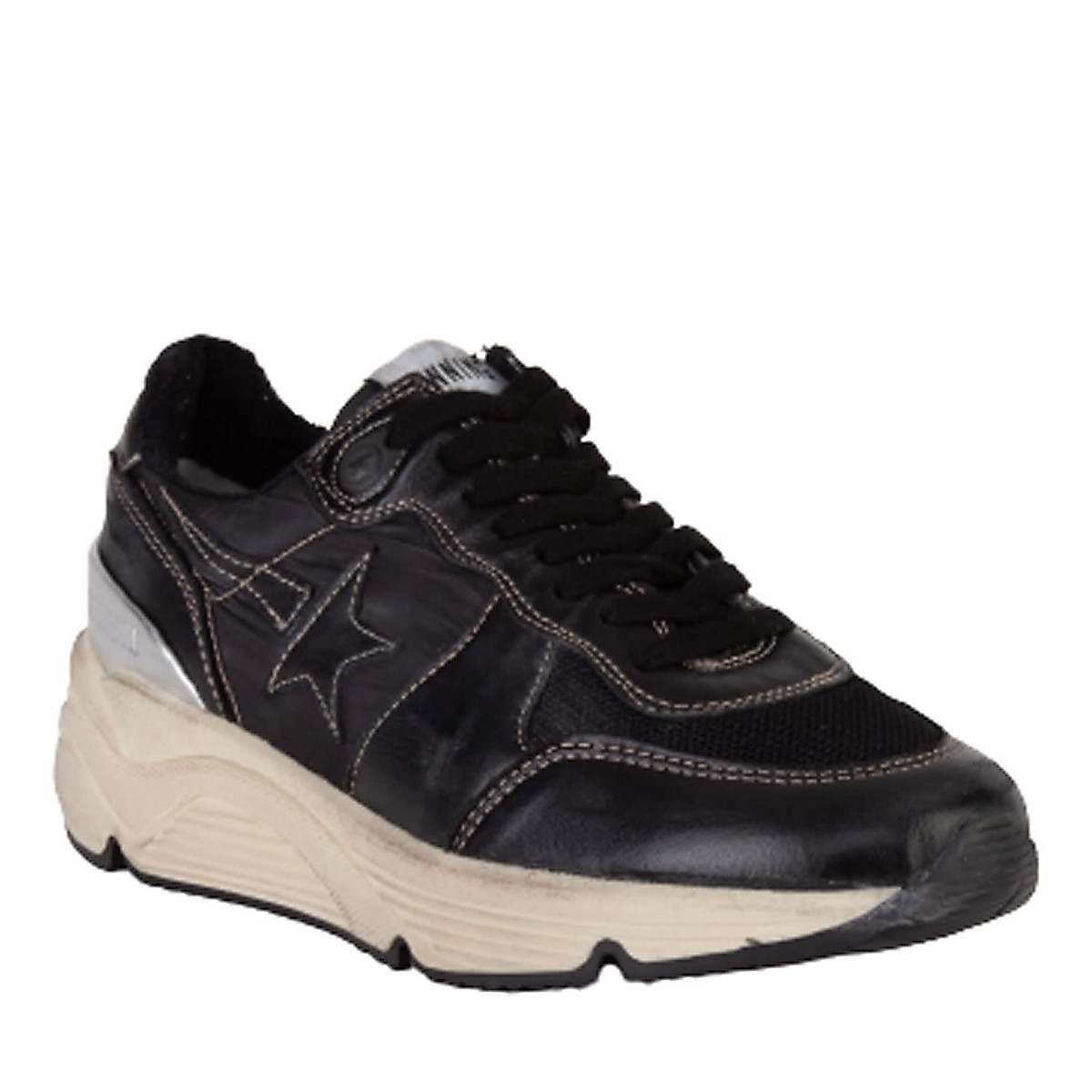 Golden Goose Running Sole Nylon Upper Nappa Toe Star and Spur Net Toe Box Leather Heel Laminated Spoiler Womens Distressed Sneakers-38 Black