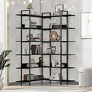 Royard Oaktree 6-Tier Bookshelf L-Shaped Corner Bookcase with Open Shelves Industrial Bookshelves with Metal Frame Wood Display Storage Shelf for Living Room Bedroom Home Office,Black