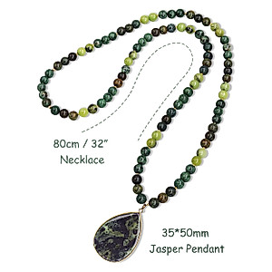 PEARLFECT Long Pendant Necklaces for Women/Men Trendy, 8MM Womens Beaded Jasper Necklaces,32 Inch Green Stone Bead BOHO Necklace Jewelry,Chunky Statement Necklace, Gemstone, Jasper