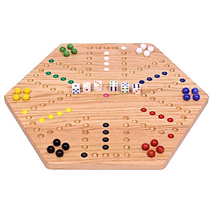 AmishToyBox.com Wahoo Marble Game Board Set - 16" Wide - Solid Oak Wood - Double-Sided - with 16mm Marbles and Dice Included