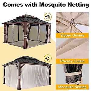 OLILAWN Gazebo 12x14, Hardtop Gazebo with Wood Finish Aluminum Frame, Galvanized Steel Double Top Gazebo with Ventilation, All-Weather Metal Gazebo with Netting and Curtains, for Patios Gardens Lawns